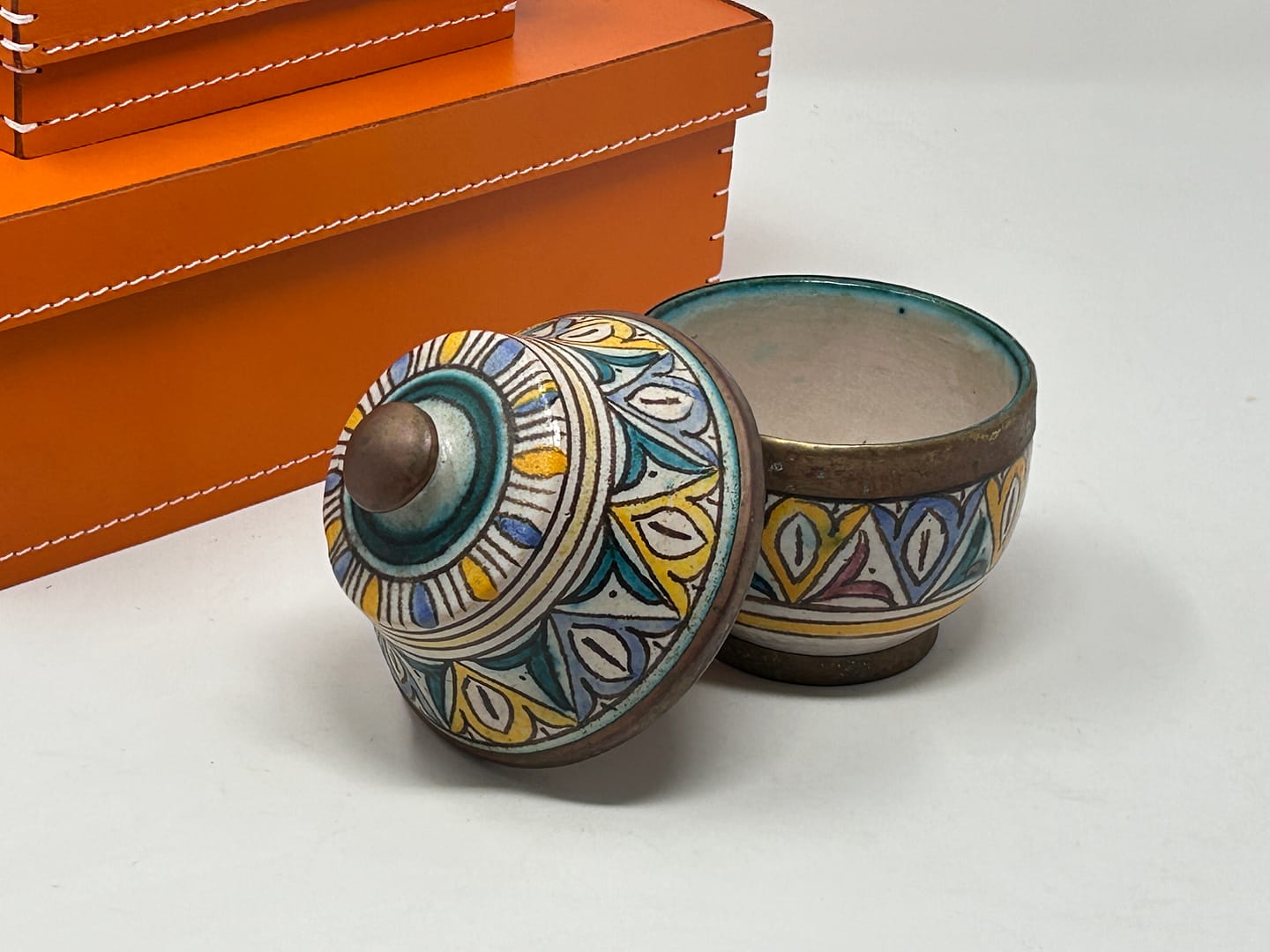 Moroccan Pottery Jar Urn with Brass Rim - Hunt Estate Sales