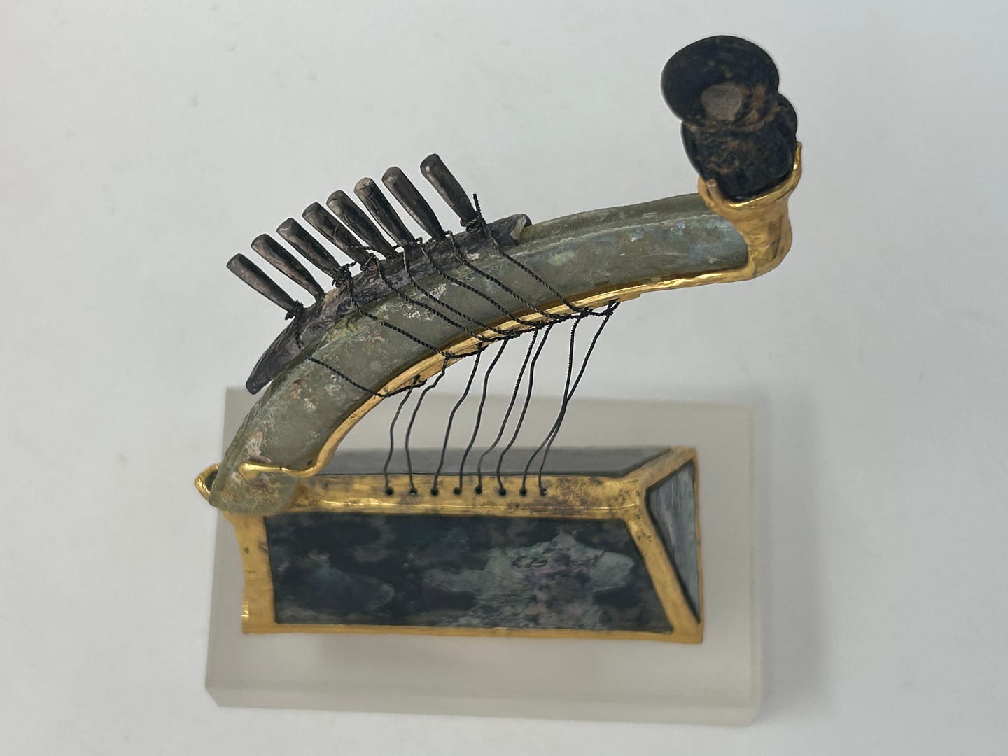 950 Silver with 24K Gold Plate and Roman Glass EIght String Harp Stand ...