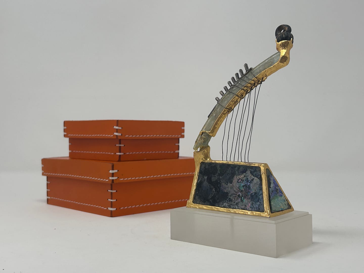 950 Silver with 24K Gold Plate and Roman Glass EIght String Harp Stand ...