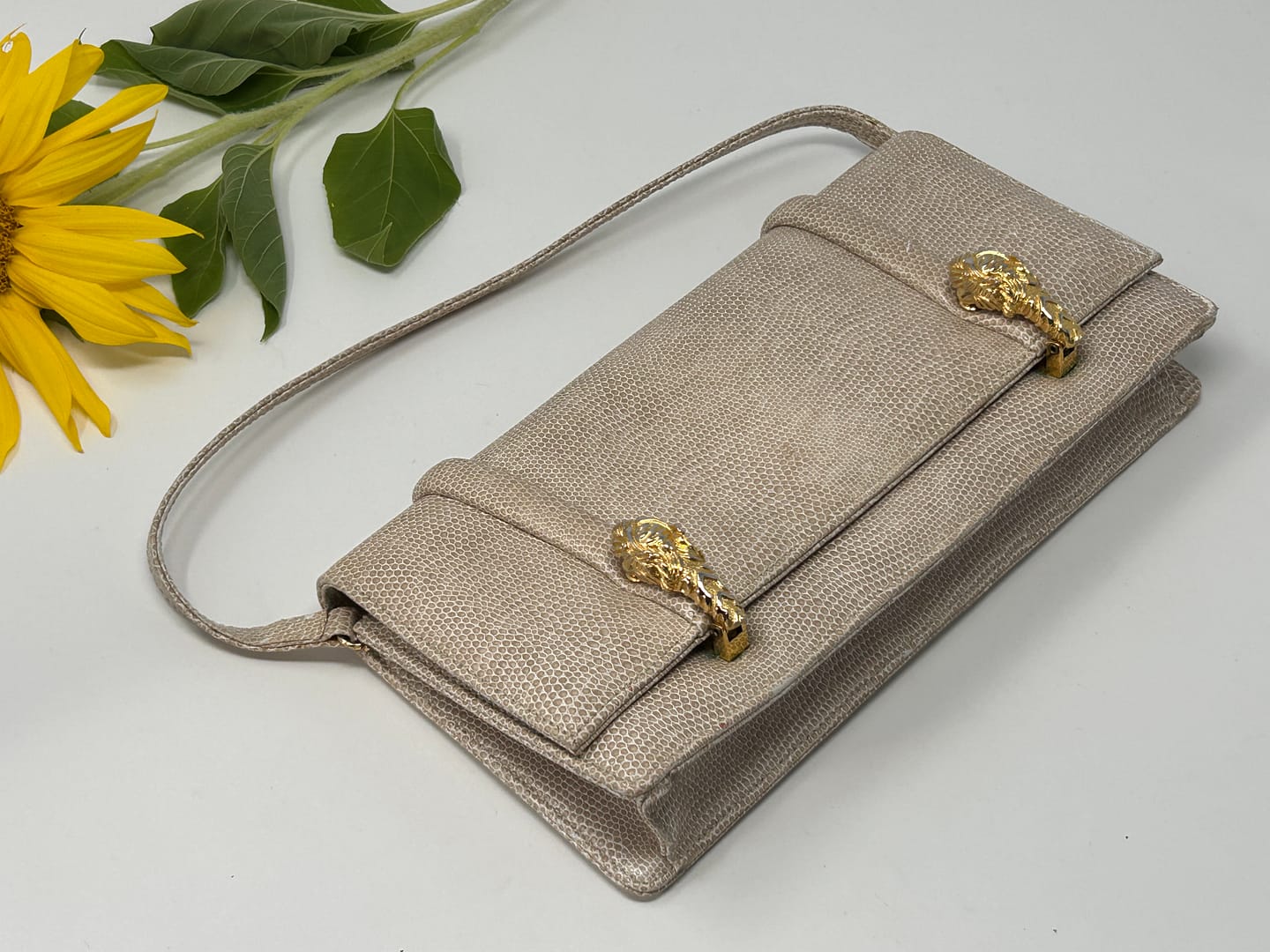 Stefano Bravo Beige Clutch with Tiger Head Closures and Removable Strap ...