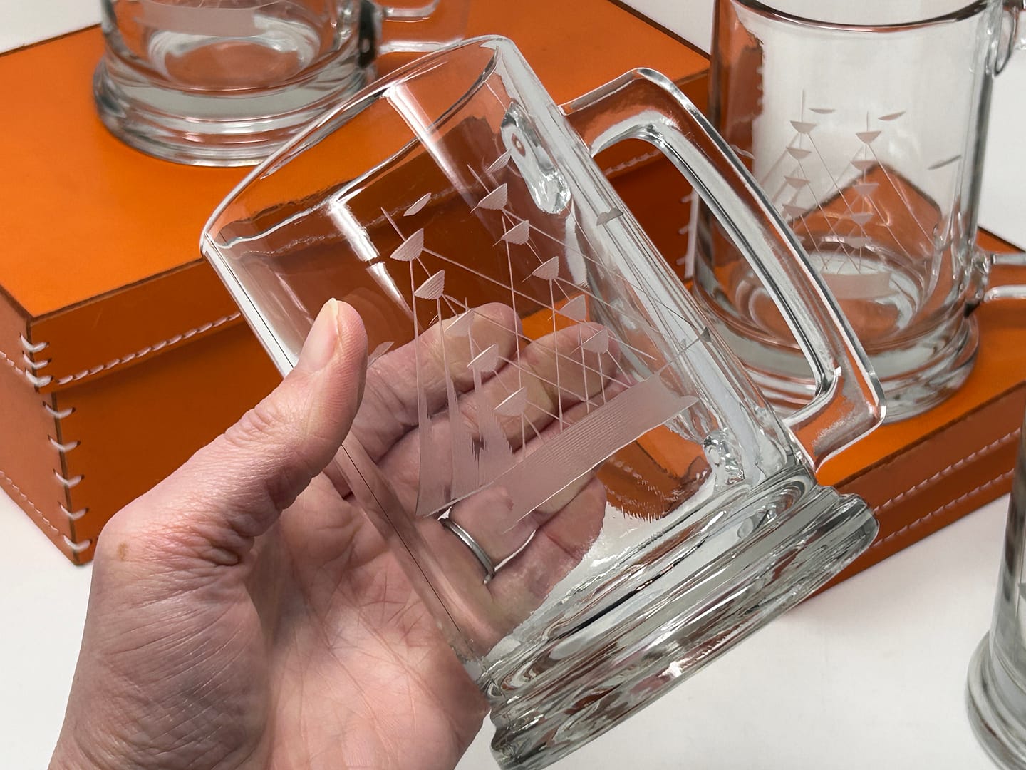 Set of Four Glass Beer Mugs with Etched Design of a Clipper Ship - Hunt ...