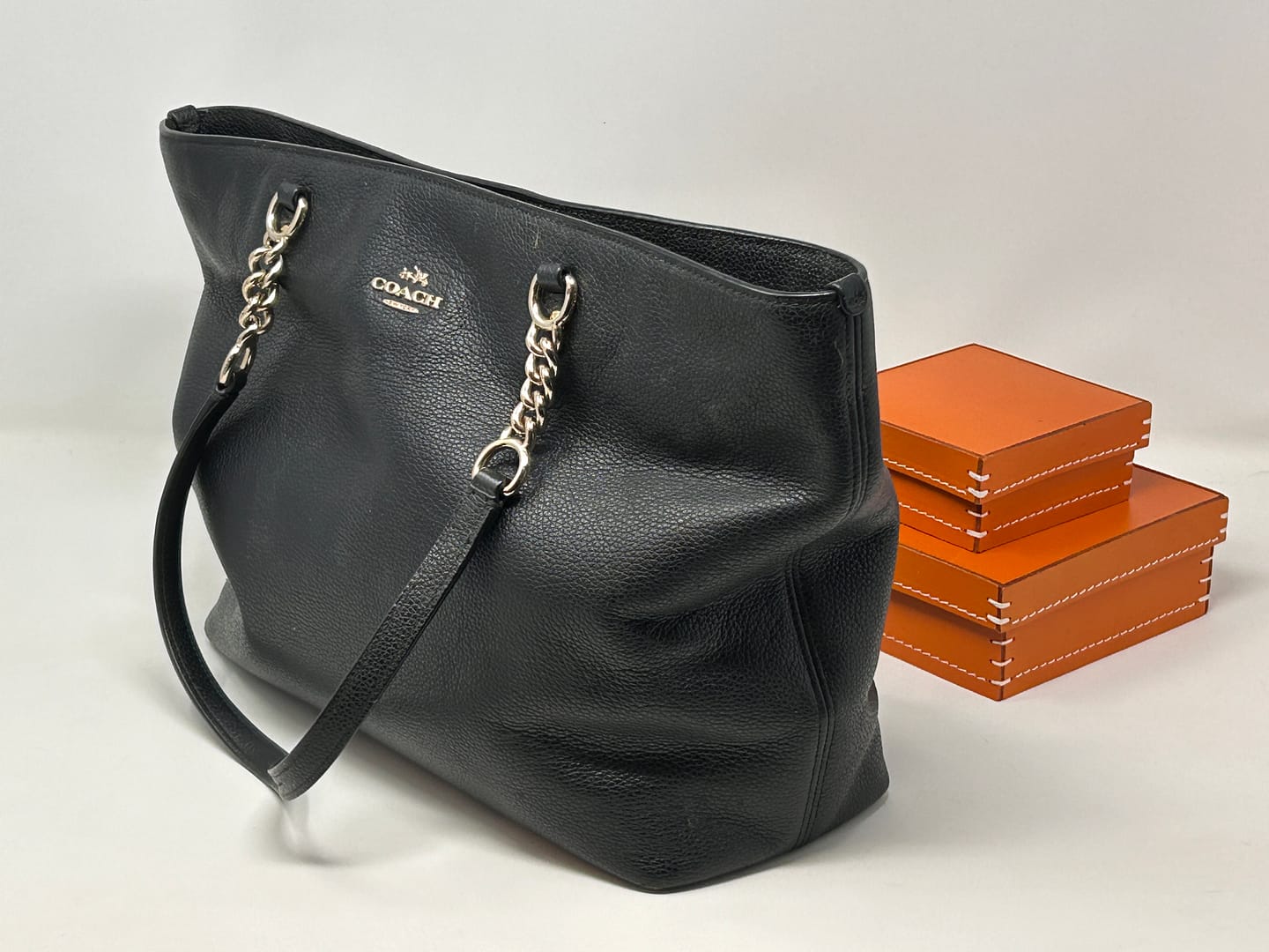 Coach Black Leather Handbag with Chain Detail - Hunt Estate Sales