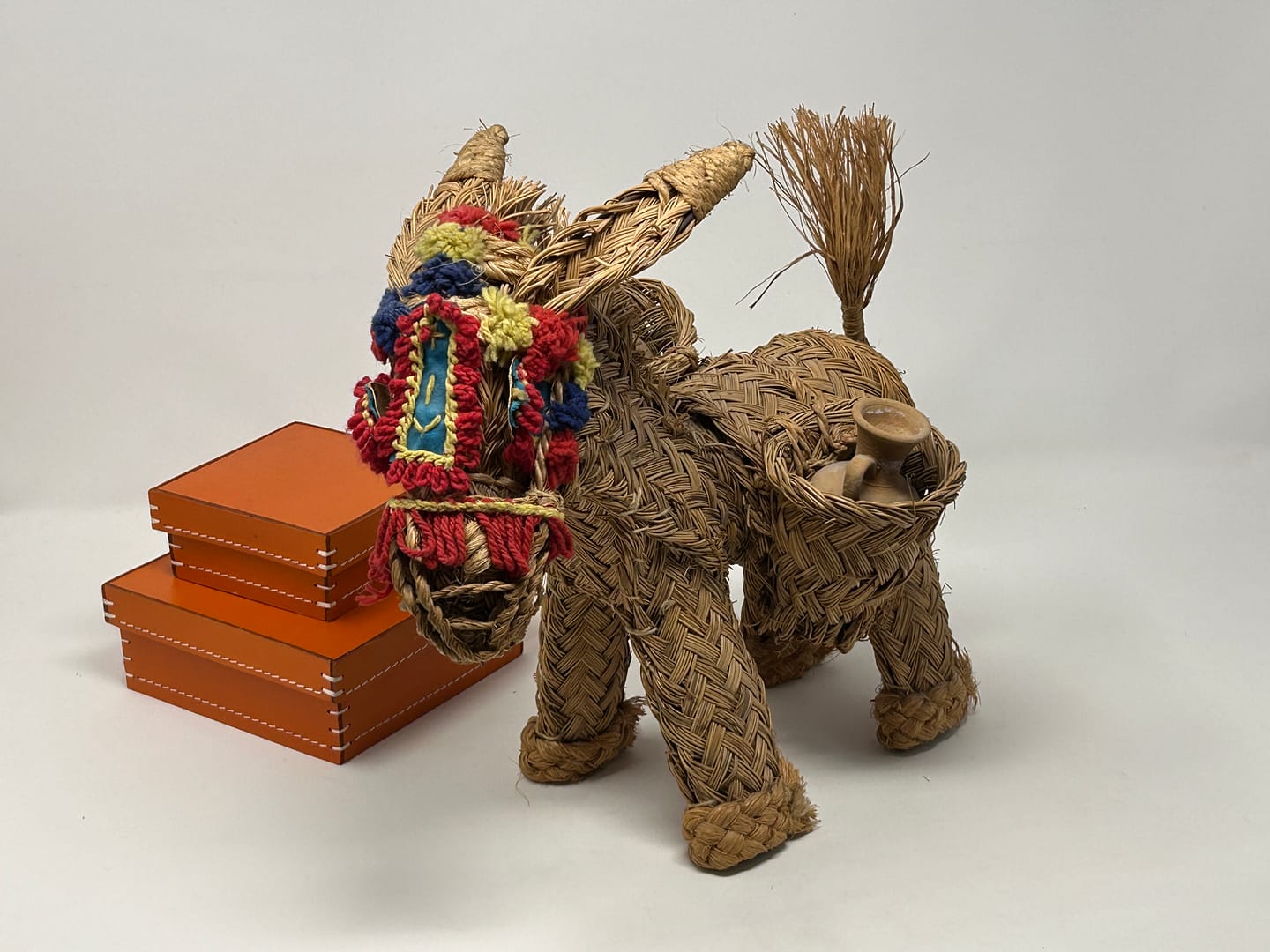 Spanish Folk Art Hand Woven Straw Donkey with Clay Pots - Hunt Estate Sales