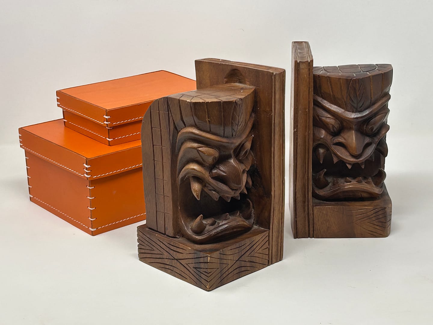 Vintage Carved Hardstone Tiki Figure Bookends, 8" - Hunt Estate Sales