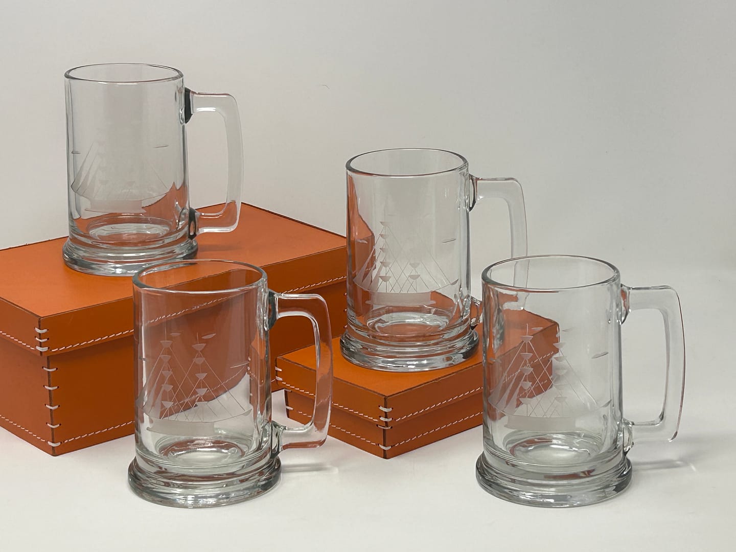 Set of Four Glass Beer Mugs with Etched Design of a Clipper Ship - Hunt ...