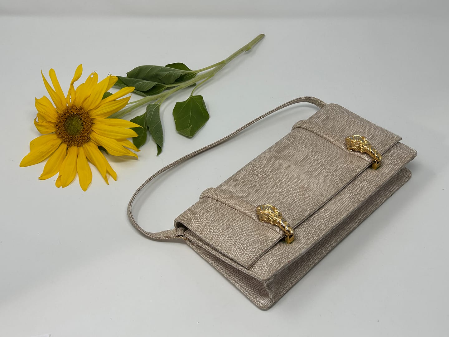 Stefano Bravo Beige Clutch with Tiger Head Closures and Removable Strap ...